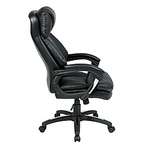 Office Star FL Series Oversized Faux Leather Executive Office Chair with Padded Loop Arms, Adjustable Height, Built-in Lumbar Support, and Tilt Control, Black