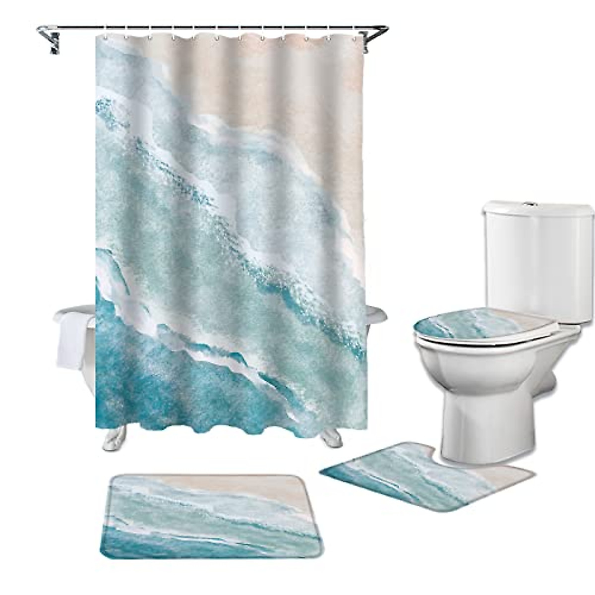 PakiInno Shower Curtain Sets 4 Piece Bathroom Decor Sets with Rugs, Ocean Beach Dreamy Gradient Minimalist Abstract Art Illustration Waterproof Shower Curtain Non-Slip Rug with Hooks for Tub-