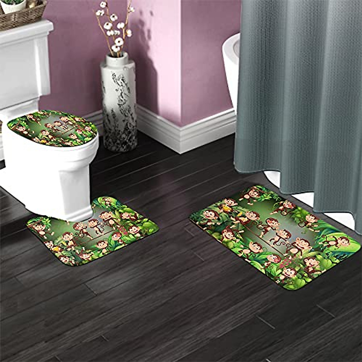 WONDERTIFY Monkeys Bathroom Antiskid Pad Doing Different Things in The Jungle 3 Pieces Bathroom Rugs Set, Bath Mat+Contour+Toilet Lid Cover