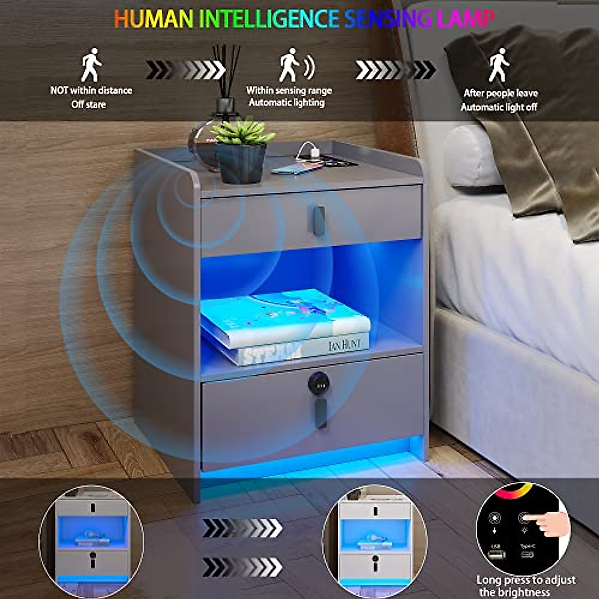 Dytler RGB Smart Nightstand, with Wireless Charging Station and USB Port, Modern Bedside Table, Bedroom LED Night Stand, 2 Drawers, Lockable, Home Office end Side Cabinet(Grey)