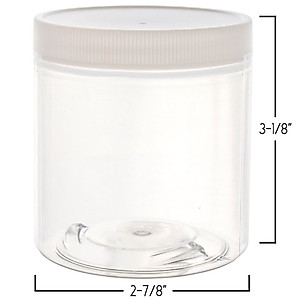 8oz Plastic Wide-Mouth Storage Jars (12 pack) - Large straight-sided clear empty refillable food-grade BPA-free PET containers with white screw-on lids - 70mm 70-400 70/400 Made in the USA