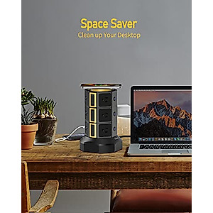 Power Strip Tower, SUPERDANNY Surge Protector Tower with 15W Magnetic Wireless Charger, 1050J, 13A Charging Station with 12 AC Outlets & 6 USB Ports, 6.5ft Extension Cord for Home Office, Gold