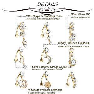 Masedy 9Pcs 14G Stainless Steel Dangle Belly Rings for Women Reverse Navel Rings Curved Barbell Body Piercing Jewelry Gold
