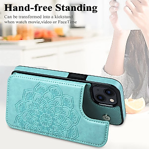 MMHUO for iPhone 14 Case with Card Holder, Flower Magnetic Back Flip Case for iPhone 14 Wallet Case for Women, Protective Case Phone Case for iPhone 14,Mint