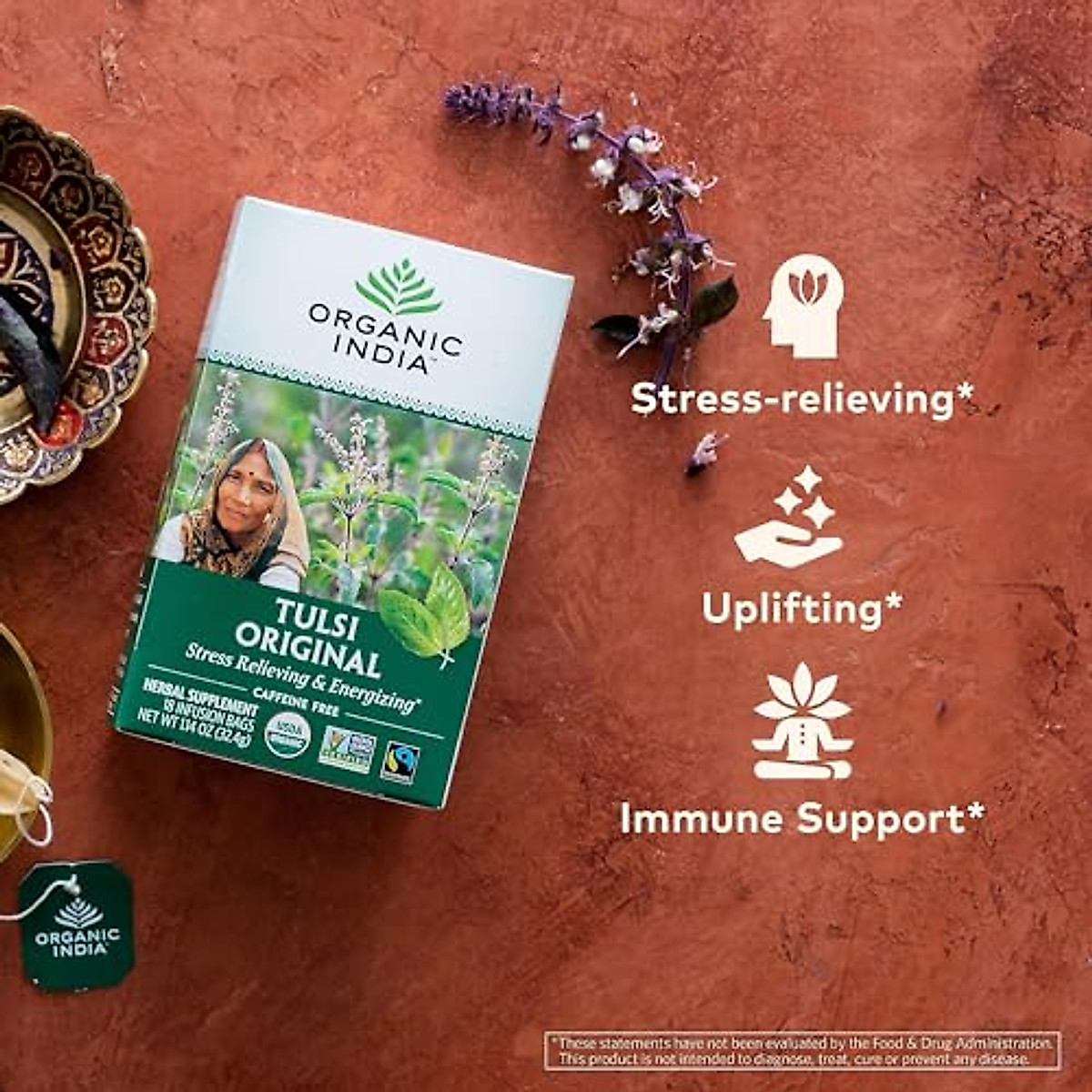 Organic India Tulsi Original Herbal Tea - Holy Basil, Stress Relieving & Energizing, Immune Support, Adaptogen, Vegan, USDA Certified Organic, Non-GMO, Caffeine-Free - 18 Infusion Bags, 3 Pack