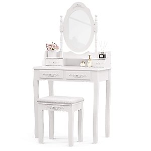 Mecor Vanity Table Set ,Makeup Table with Oval Mirror & Stool, Bedroom Wood Dressing Table with 4 Drawers White