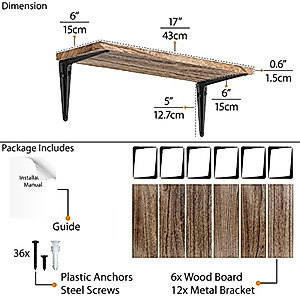 Wallniture Arras Floating Shelves for Living Room Decor, 17"x6" Wood Bookshelves, Wall Shelves for Bedroom, Office, Kitchen Set of 6 Burnt Finish