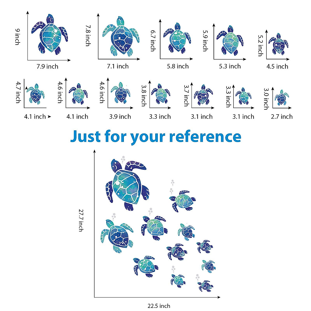 12 Pcs Sea Turtle Wall Decals Ocean Turtle Vinyl Stickers Underwater Bathroom Decals Waterproof Wall Sticker Decoration for Home Office Nursery Room Toilet (Blue)