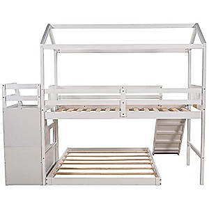 Harper & Bright Designs House Bunk Beds with Slide and Stairs Twin Over Full Bunk Bed Wood Playhouse Low Bunk Bed for Kids Girls Boys Teens, White