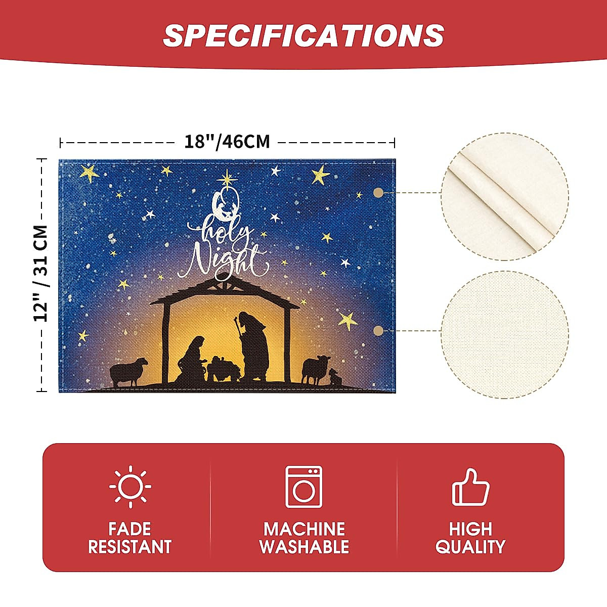 Artoid Mode The Lord Blue Sky Christmas Placemats Set of 6, 12x18 Inch Seasonal Winter Holy Night Table Mats for Party Kitchen Dining Decoration