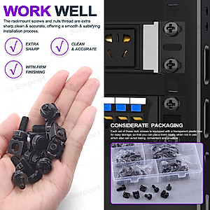 Swpeet 80Packs 4 Sizes M5 M6 Black Computer Mount Cage Nuts and Screws with Metal & Plastic Washers Assortment Kit, Square Hole Hardware Cage Nuts & Mounting Screws Washers