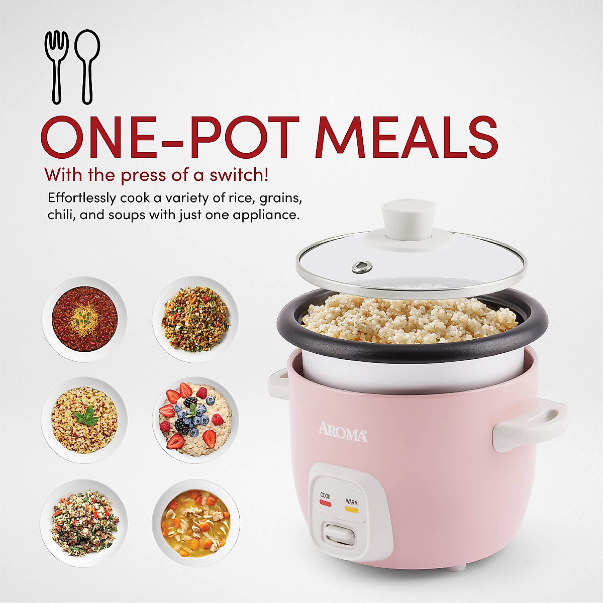 Aroma Housewares 4-Cups (Cooked) / 1Qt. Rice & Grain Cooker (ARC-302NGP), Pink & Aroma 6-cup (cooked) 1.5 Qt. One Touch Rice Cooker, White (ARC-363NG), 6 cup cooked/ 3 cup uncook/ 1.5 Qt.