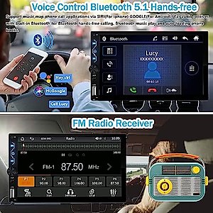 Double Din Car Stereo with Wireless Carplay,Wireless Android Auto,7 inch Touch Screen Radio with Backup Camera,Bluetooth Car Audio Receiver,Mirror Link,SWC,FM/USB/AUX/Subwoofer