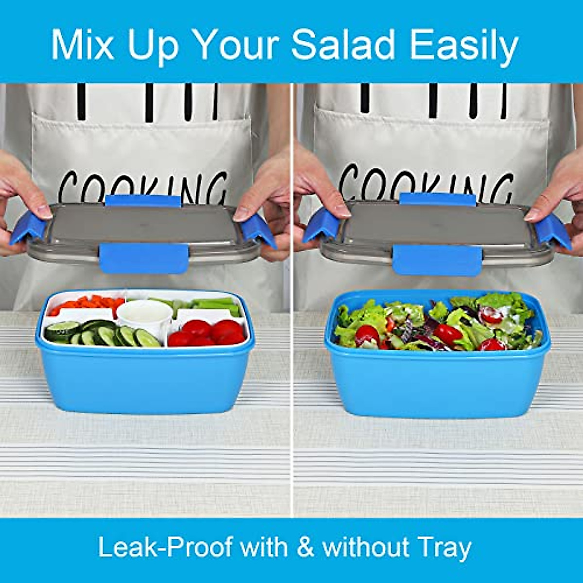 Caperci Salad Lunch Container with 68 oz Salad Bowl - Large Adult Bento Lunch Box, 5-Compartment Bento-Style Tray for Toppings, 2pcs 3-oz Sauce Cups for Dressings, Stackable, BPA-Free (Blue)