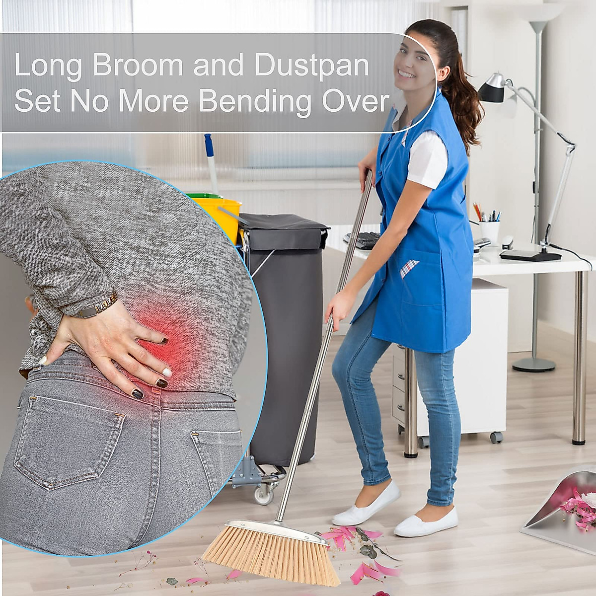 VOOWO Broom and Dustpan Set for Home, Stainless Steel Broom and Dustpan Set with Long Handle, Heavy Duty Dustpan Broom Set Standing Dust Pan Kitchen and Home Indoor Outdoor Broom