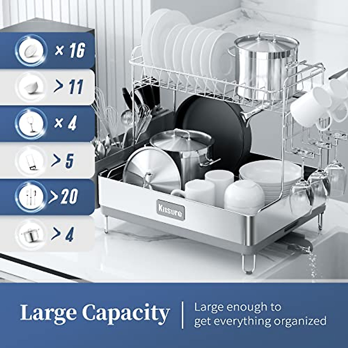 Kitsure Dish Drying Rack, 2-Tier Dish Rack for Kitchen Counter with Large Capacity, Rustproof Dish Drying Rack with Drainboard, Multifunctional Kitchen Drying Rack
