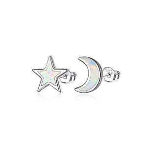 Cuoka Moon and Star Earrings 925 Sterling Silver Opal Star Moon Stud Earrings,Opal Celestial Star Earrings Jewelry for Women Daughter