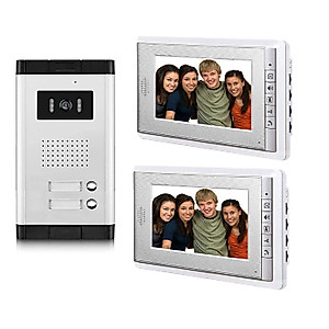 AMOCAM 2 Units Apartment Video Intercom System + Electronic Door Lock Video Door Phone Kit, 1 pcs Night Vision Camera, 2 pcs 7 Inches Monitor Wired Video Doorbell System