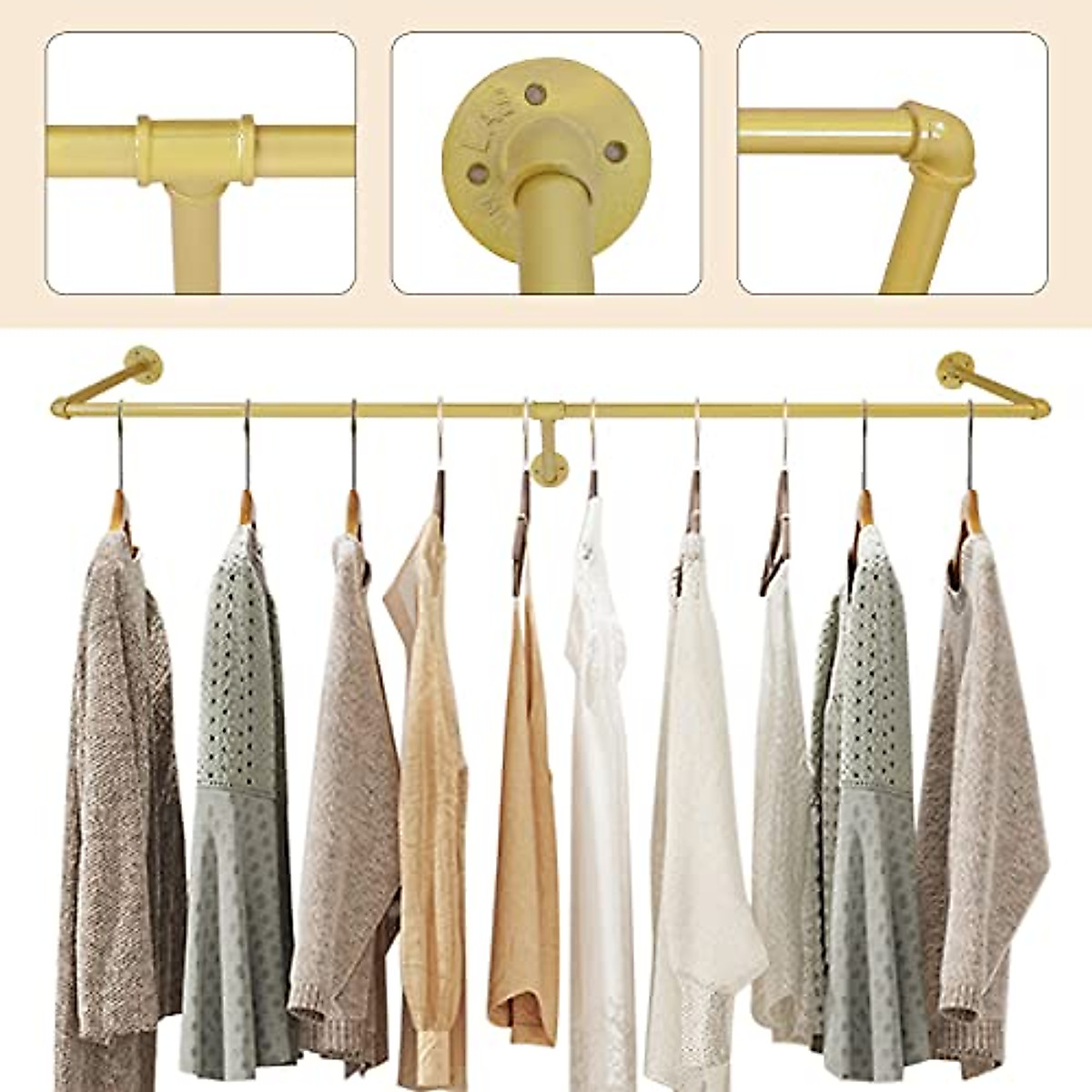 Gold Clothes Display Rack Iron Industrial Pipe Wall Mounted Clothing Rack Wedding Dress Bridal Garment Rack Stand Stand Decoration Retail Display Closet Organization 71inch*11.8inch