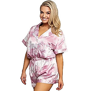 Belle's Design Women’s Tie Dye Short Sleeve Satin Silk Pajama Set Button Down 2 pieces Loungewear Sleepwear (Dusty Pink, XX-Large)