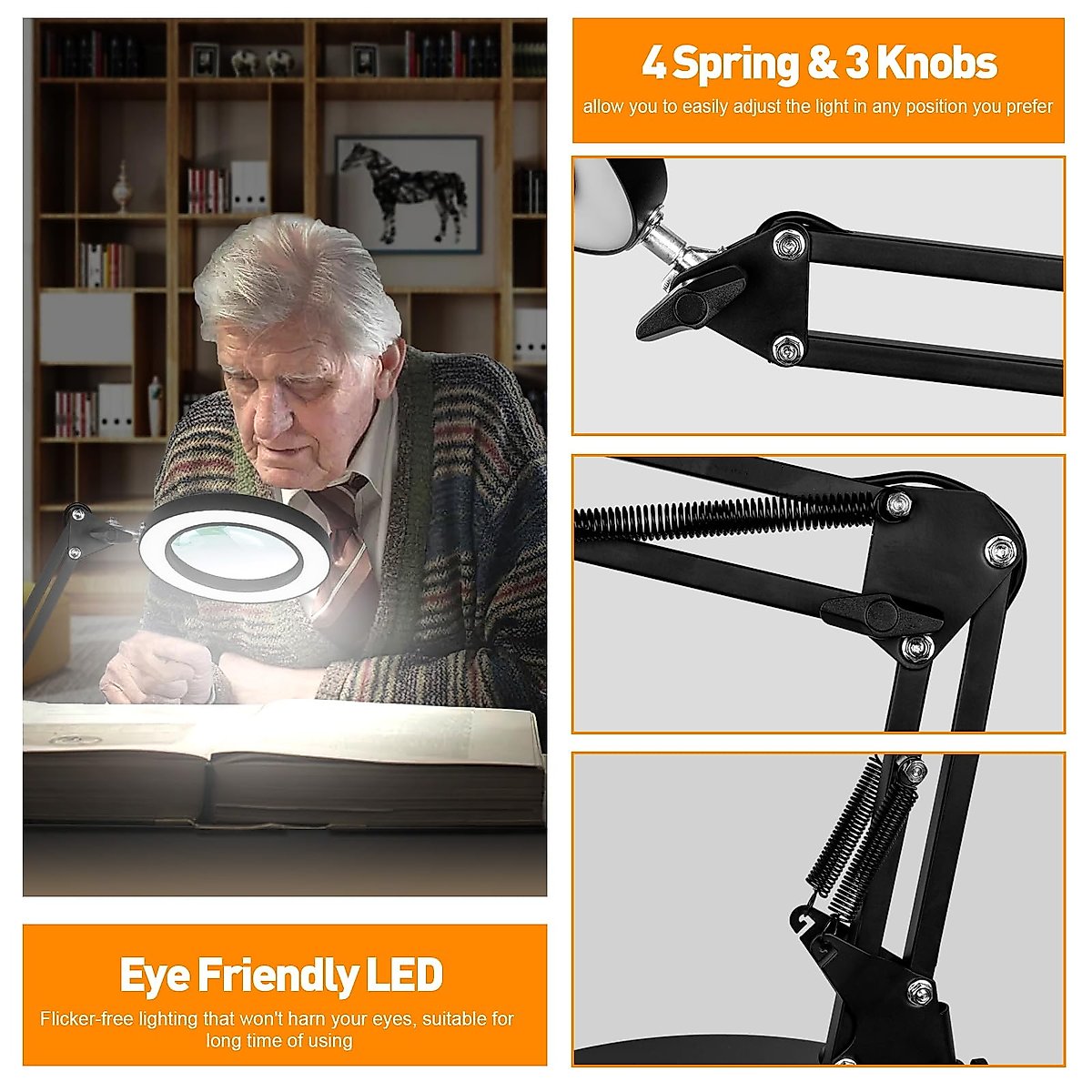 KMDES Magnifying Glass with Light and Stand, 10X Real Glass LED Magnifying Lamp, 3 Color Modes 10 Level Dimmable Lighted Magnifying Glass, 2-in-1 Magnifier Desk Lamp & Clamp for Reading Crafts Repair