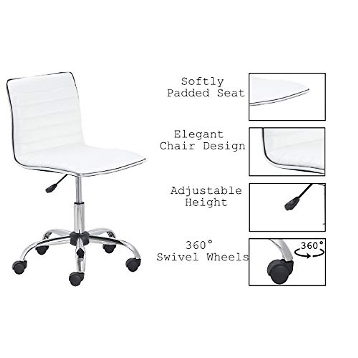 BTEXPERT BTExpert Swivel Mid Back Armless Ribbed Designer Task Chair Leather Soft Upholstery Office Chair - White