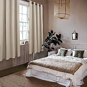 QUEMAS 100% Blackout Curtains for Bedroom Linen Look with White Backing, Grommet Total Light Blocking Thermal Insulated Boho Window Curtains for Living Room Noise Cancelling (52 x 72 Inch, Linen)