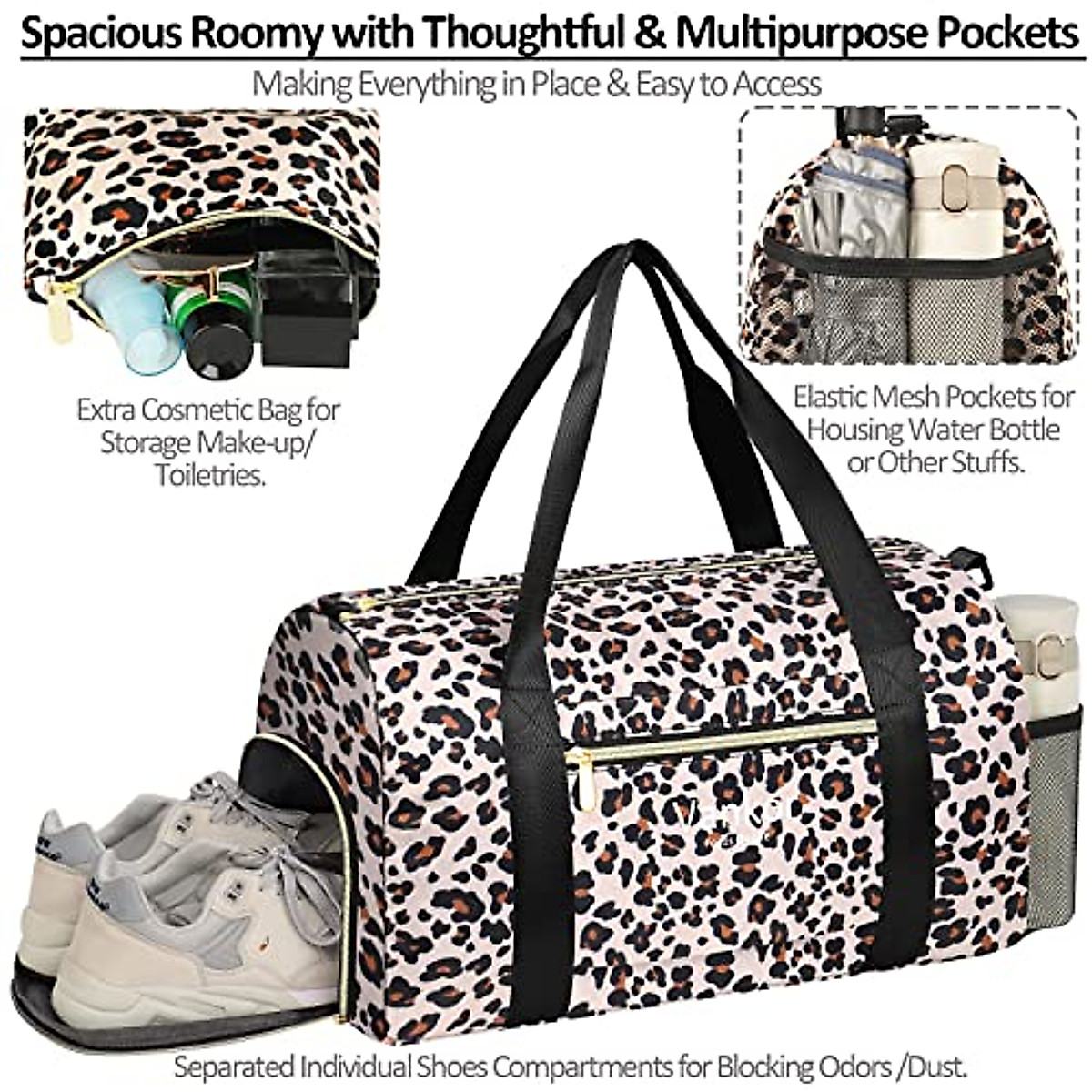 Gym Bag for Women with Shoe Compartment Waterproof, Sports Duffle Bag for Travel Duffel Weekender Carry on Beach Yoga Overnight Luggage Mommy Maternity Hospital Bag Leopard Print 17.5 Inch