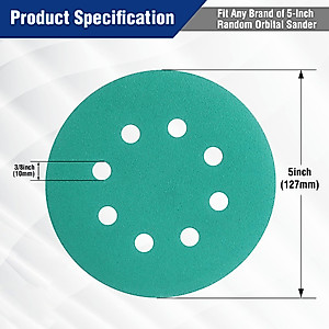 WORKPRO 150-piece Premium Sanding Discs Set, 5" 8-Hole Polyester Film Hook and Loop Sandpaper, 10 Grades Include 60, 80, 100, 120, 150,180, 240, 320, 400, 600 Grits for Random Orbital Sander, Green