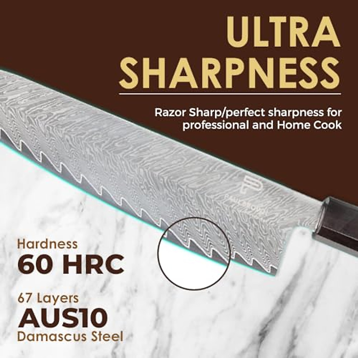 Paul Brown's™ 8 inch Professional AUS-10 Damascus 67 Layers Steel Kitchen Chef Knife with wooden handle Pine wood gift box and leather sheath