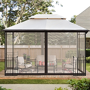 Patio Outdoor Gazebo 13x9.7 Iron Metal Frame with Mosquito Netting, Double Roof Canopy Tent Suitable for Backyard, Poolside, Garden, Lawn and Deck, Khaki