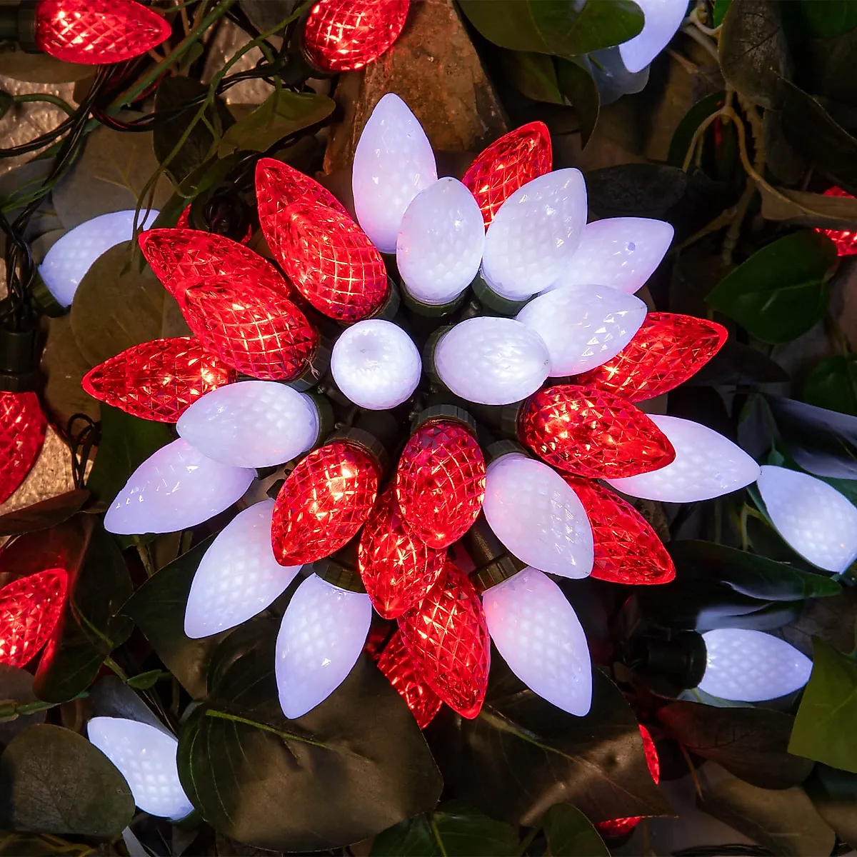 KAQ C9 Christmas Lights 2PK 100 LED 98ft Extendable Waterproof Christmas Lights Green Wire String Lights, Outdoor Christmas Lights for Patio Wedding Party Christmas Decorations (Red & Cool White)