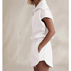 MISSACTIVER Women Two Piece Outfit Quarter 1/4 Zip Cap Sleeve Sweatshirts and High Waisted Shorts Set Loose 2 Piece Tracksuit (Small, White)