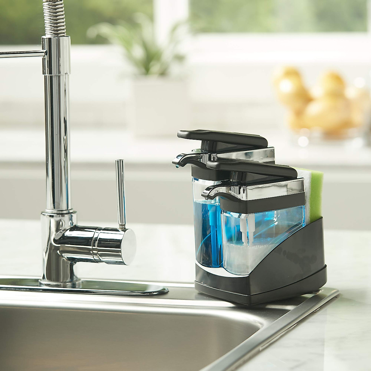 Casabella Sink Sider Duo Soap Dispensers with Sponge, Black and Chrome Plating