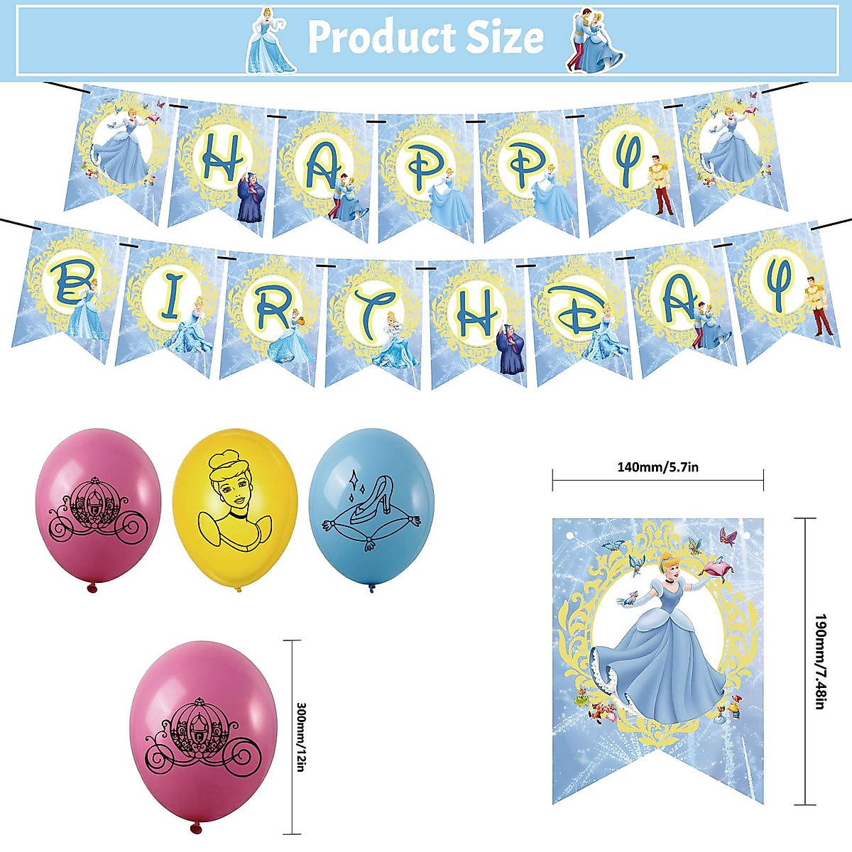 42 Cinderella Birthday Party Supplies Princess Theme Party Favor Includes Happy Birthday Banner,Balloons,Swirls,Cake Toppers for Kids Adults