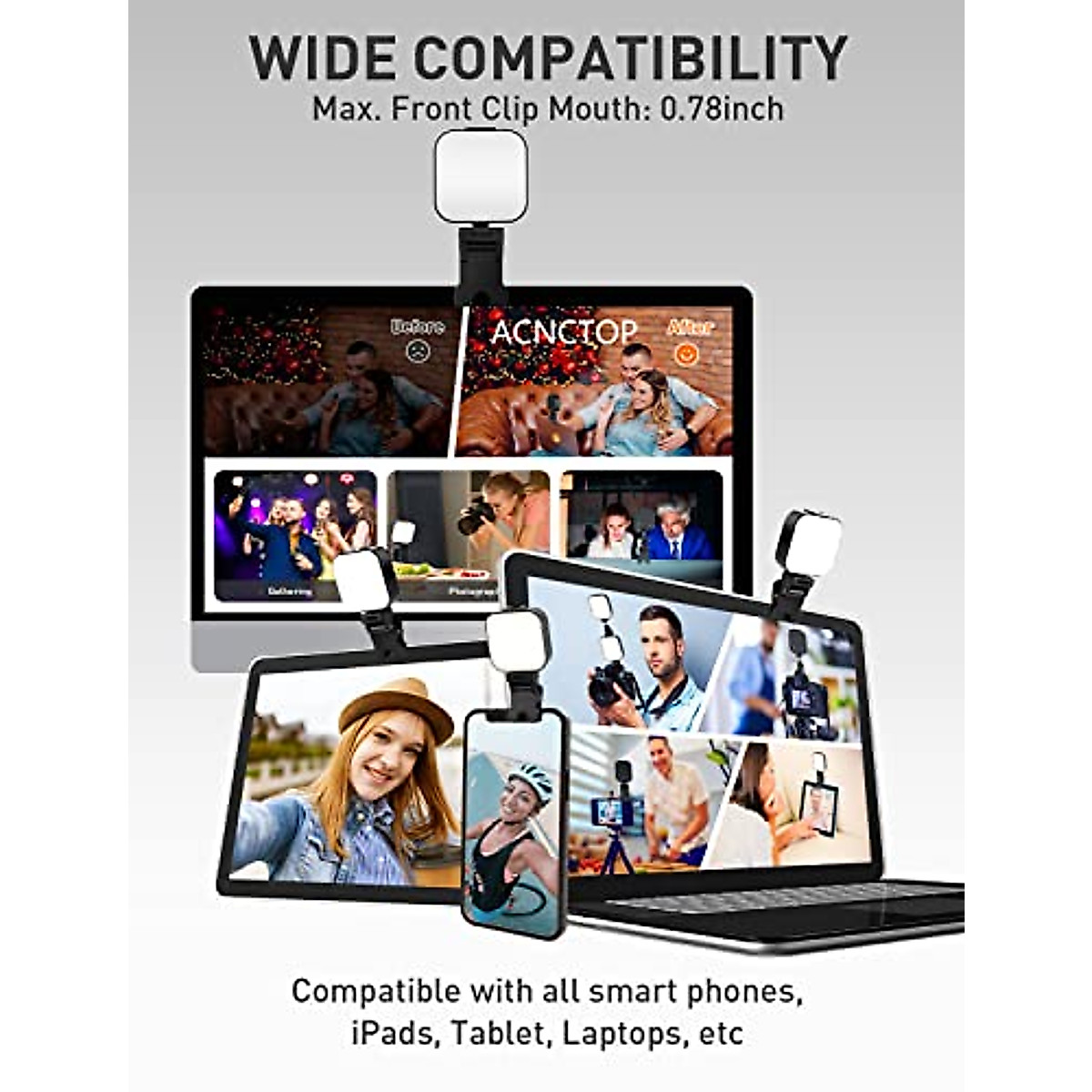 ACNCTOP 64 LED Rechargeable Selfie Light - 5 Lighting Mode Phone Ring Light Mini Portable Clip on Fill Lights for iPhone, Cell Phone, Laptop, TikTok, Selfie, Video Conference, Camera