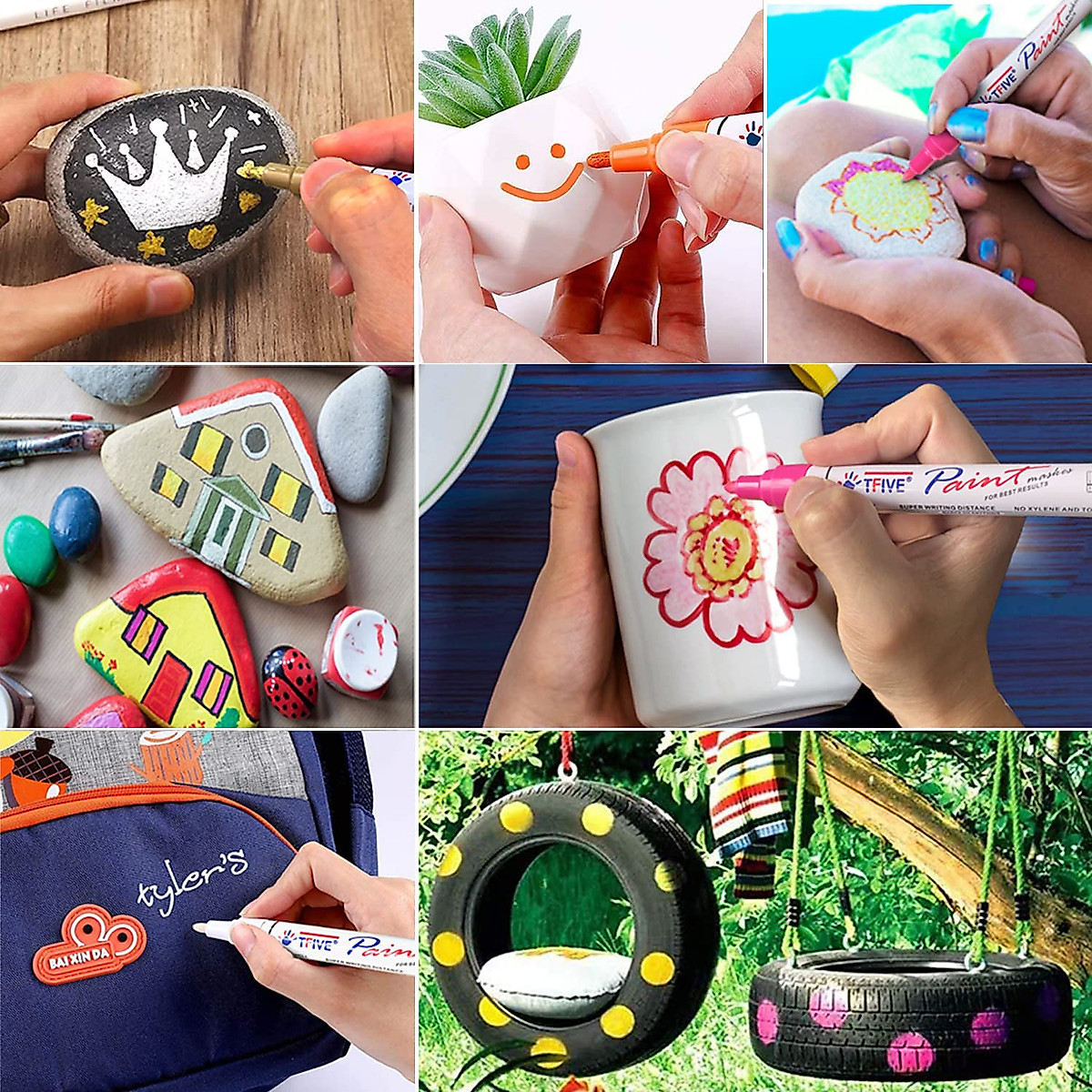 Paint Pens Paint Markers Never Fade Quick Dry and Permanent, 12 Color Oil-Based Waterproof Paint Marker Pen Set for Rock Painting, Ceramic, Wood, Fabric, Plastic, Canvas, Glass, Mugs, DIY - TF001