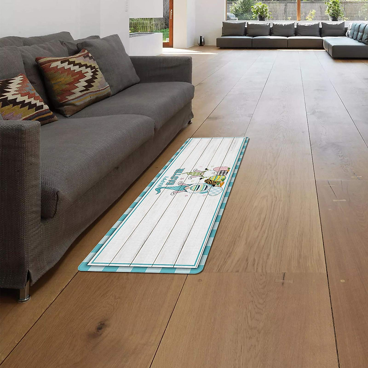 Possta Decor 2 Piece Kitchen Mats Dwarf Blue Plaid Bunny Easter Egg,Non Slip Doormats Area Runner Rug Set,Gnome Flower Retro Wood Grain Super Soft Comfort Standing Mat for Bedroom Living Room