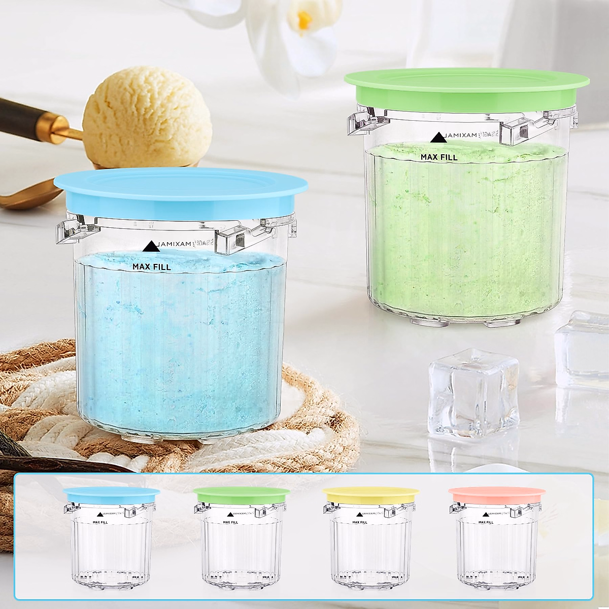 FIRJOY 16 oz. Containers | Extra Replacement Pints and Lids - Compatible with Ninja Creami Breeze NC200, NC201, CN205A, NC100 Series (4 Pack - Blue, Pink, Green, Yellow)