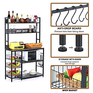 NAIYUFA Kitchen Bakers Rack with Baskets,5-Tier Kitchen Utility Storage Shelf with Hooks, Microwave Oven Stand Rack, Free Standing Kitchen Shelf Vintage Grey