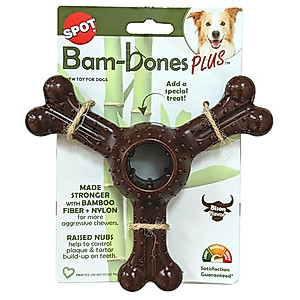SPOT Bam-Bones Plus Triple Chew - Bamboo Fiber & Nylon, Durable Long Lasting Dog Toy for Aggressive Chewers – Great for Adult Dogs & Teething Puppies Under 90lbs, Non-Splintering, 7in, Bison Flavor