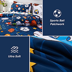 A Nice Night 6Pcs Bed in A Bag Full Sports Microfiber Modern Comforter Set,Navy Rugby Ball Printed Bedding Collections,for Boys Kids Teen