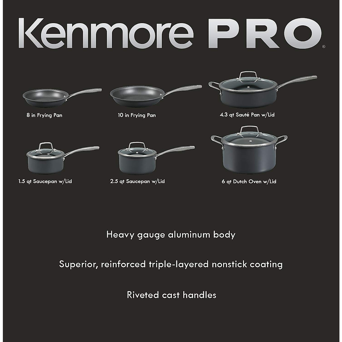 Kenmore Pro Arbor Heights 7-Layer Hard Anodized Induction Nonstick Platinum Forged Aluminum Cookware Set, 10-Piece, Black