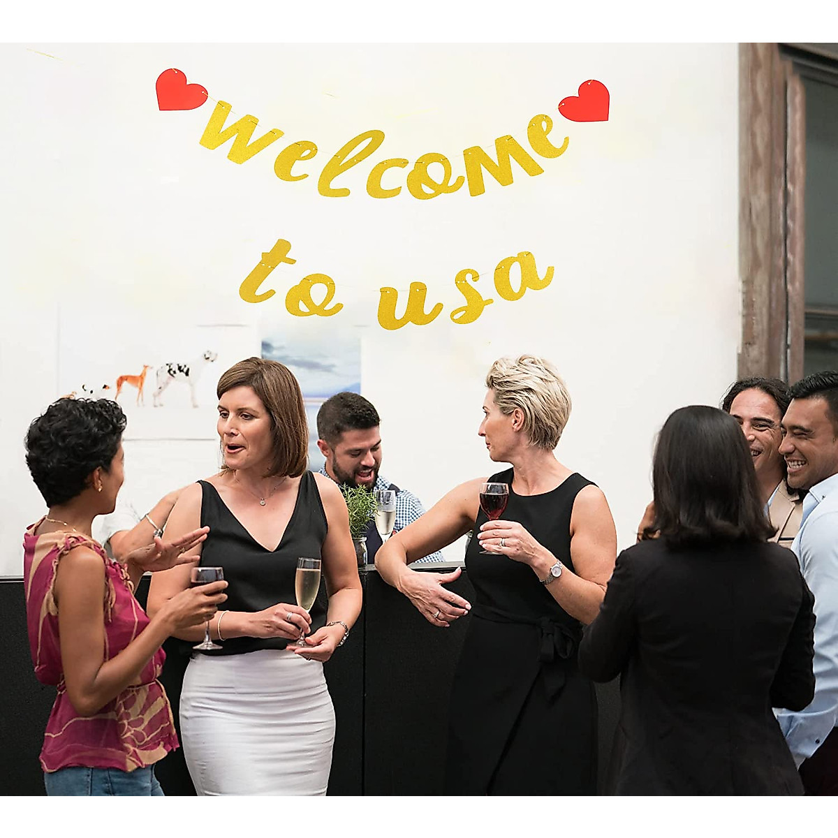 Vrogadso Welcome to USA America Banner Pre-Strung No DIY Rose Gold Glittery Aboard Party Decorations