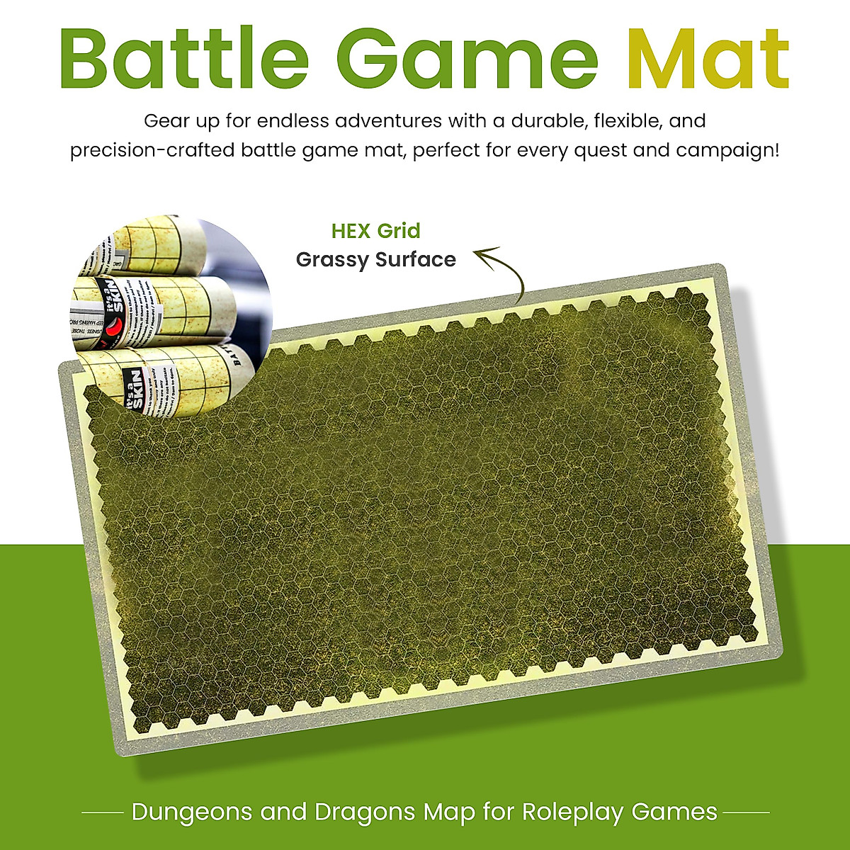IT'S A SKIN DND Battle Game Mat - 36x24 Inch Dungeons and Dragons Map for Roleplay Games, Warhammer, Grid Tabletop - Includes 4 Dry Erase Markers & Cleaning Cloth - RPG HEX Grid Gross/Moss Theme