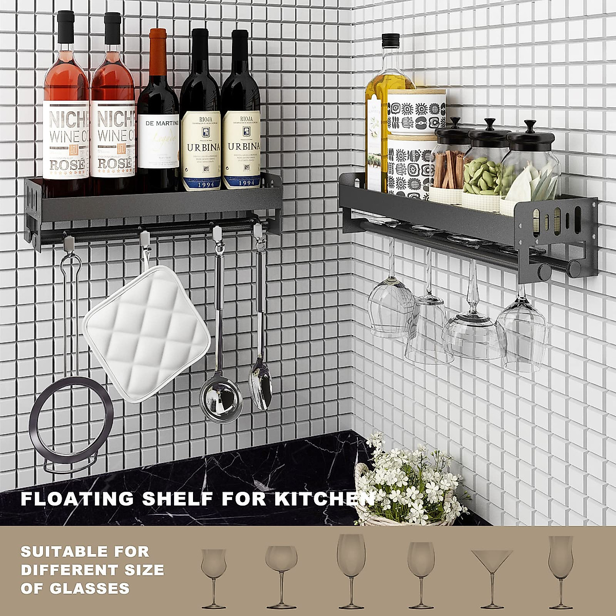 CARRTAN Wine Rack Wall Mounted with Wine Glass Holder - Hanging Wine Rack - Modern Minimalist Style Metal Wine Rack & Mounted Wine Rack 15.8 x 5.5 x 4 in(Black)