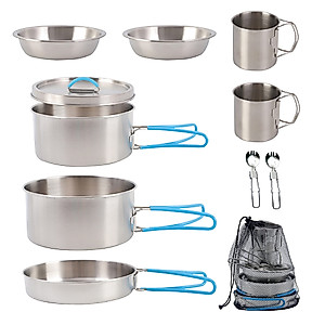BEFOY Stainless Steel 10Pcs Camping Cookware Mess Kit Cooking Set Backpacking Gear Lightweight Pots and Pans Set with Folding Knife Fork for Outdoor Camping Hiking Picnic