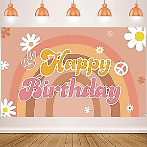 DARUNAXY Happy Birthday Boho Rainbow Banner, Groovy Birthday Party Decoration Happy Birthday Party Supplies, Boho Rainbow Birthday Backdrop for Baby Girls Rainbow Decorations Photography Background