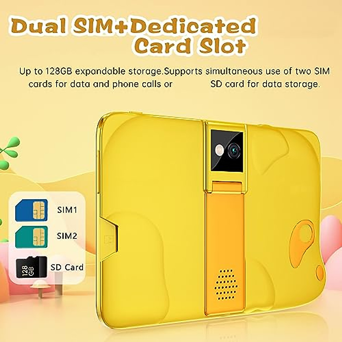 DAUZ 7 Inch Kids Tablet, Yellow Octa Core Processor Front 2MP Rear 5MP 4GB 128G 100-240V Tablet Support 10 for Study (Yellow)