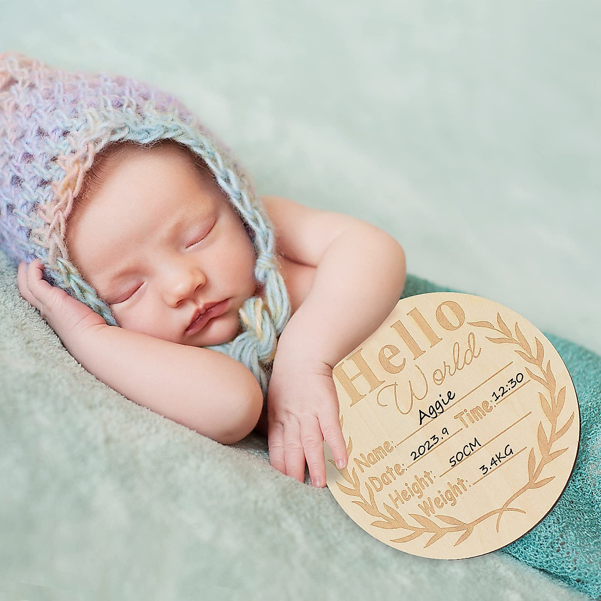 Aitikili Baby Announcement Sign - Hello World Newborn Sign,Wooden Baby Birth Announcement Sign for Nursery,Baby Name Sign for Hospital,Welcome Baby Newborn Arrival Sign Announcement Board for Photo